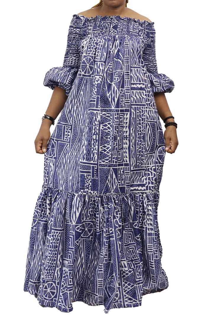 Long Ndop Fabric Dress with Wrinkled Bust for Sale Today