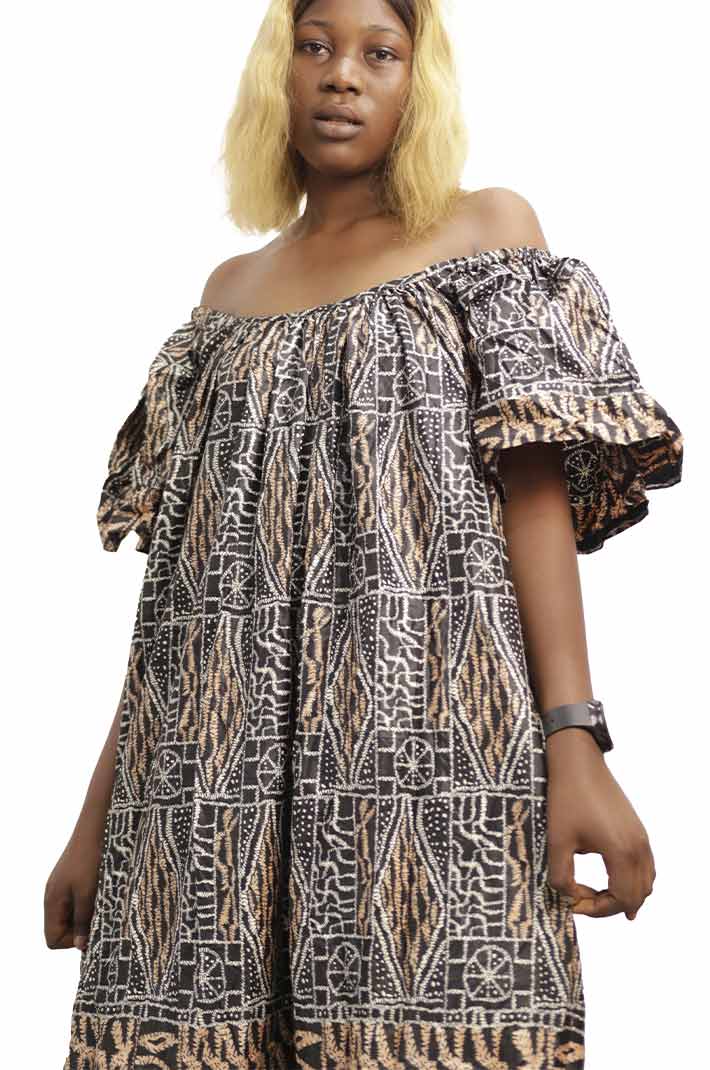 Long Ndop Kaba with Off-the-Shoulder Neckline for Sale